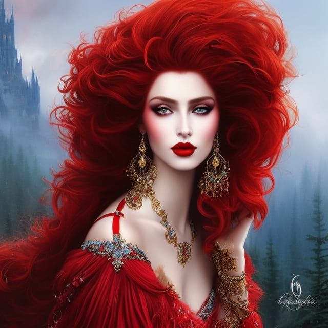 red hairy beauty, princess style, red hair, red lips, dark eyes, crown ...