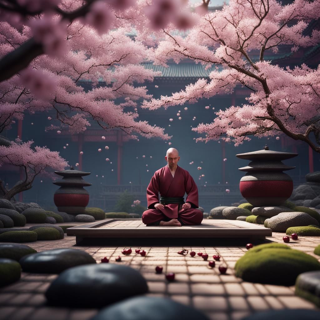 Zen garden with cherry tree blossoms and martial artist meditating - AI ...