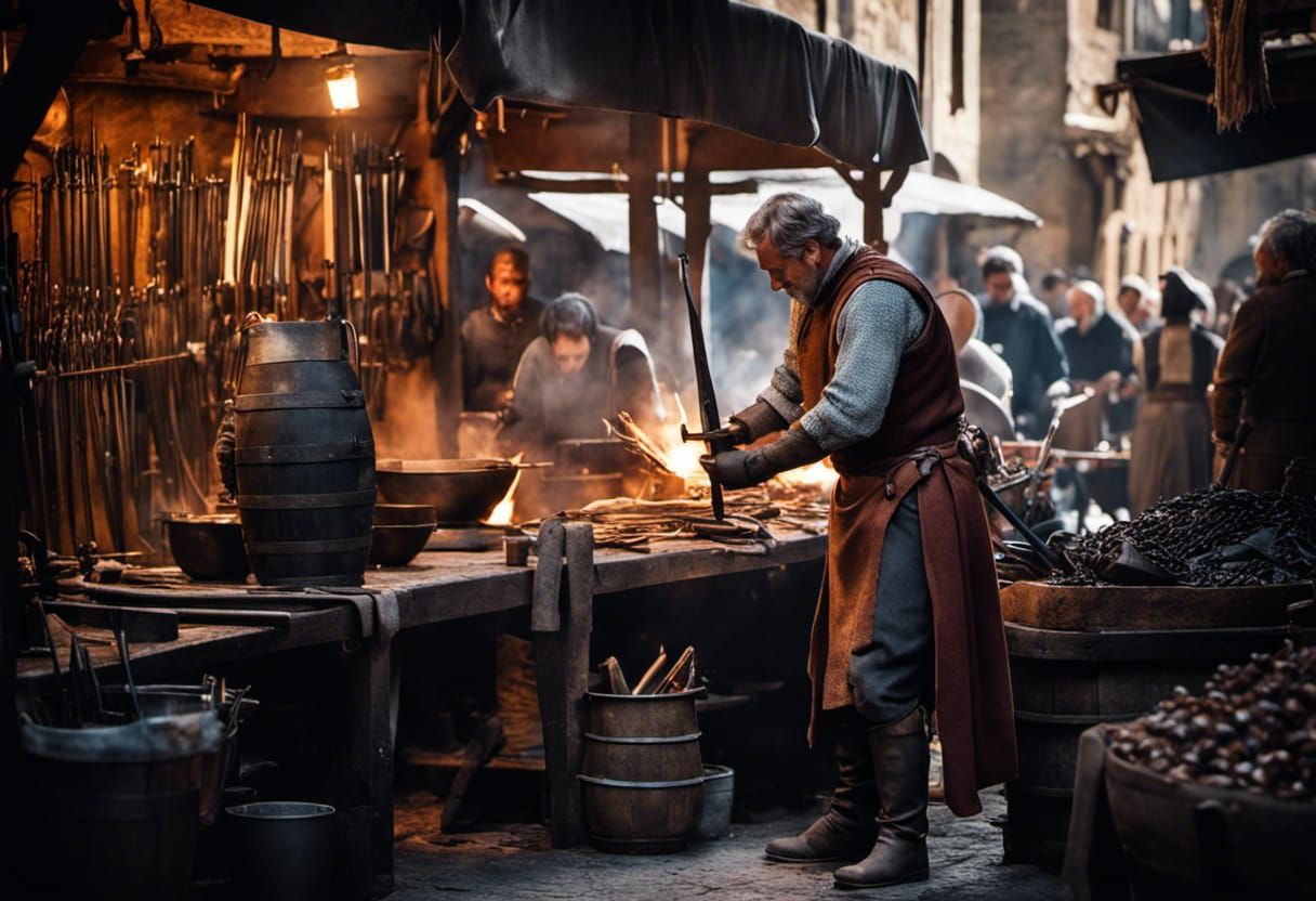 A blacksmith crafting a sword for a knight in medieval times - AI ...