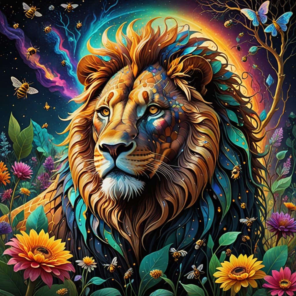 Lion Transformed into Vibrant Beehive: Golden Hone... - AI Art