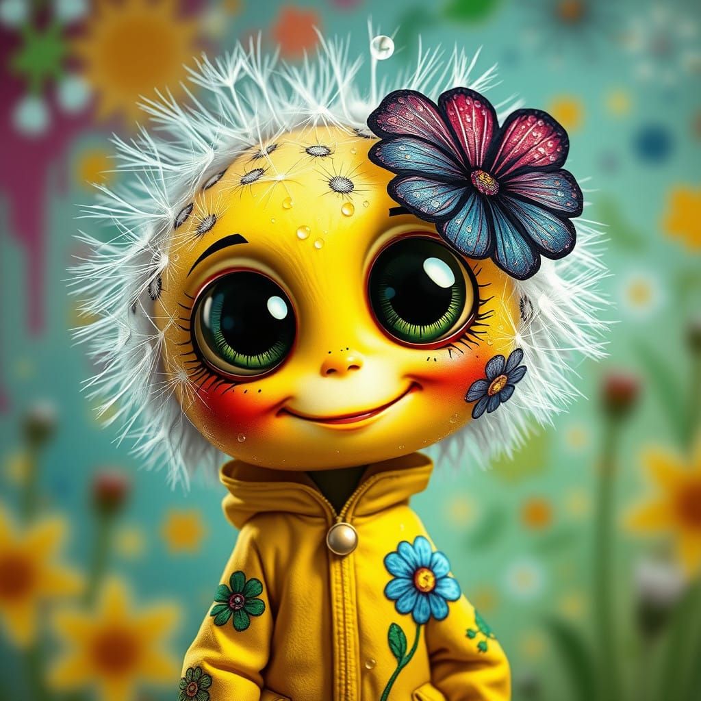 Vibrant Dandelion in Whimsical Jacket with Shiny E... - AI Art