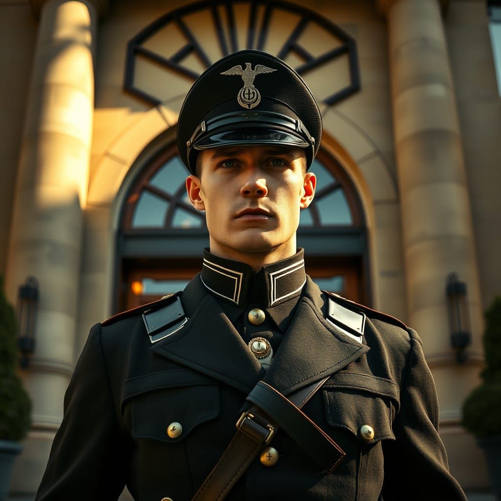 Dieselpunk Soldier in Grand Art Deco Embassy - AI Art