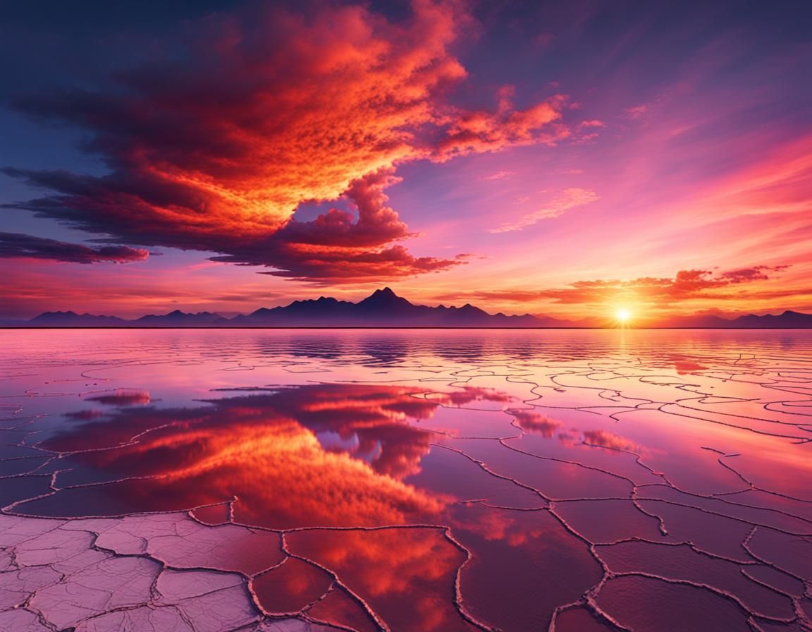 a vibrant and radiant sunset on the salt flats, which reflect the skies ...