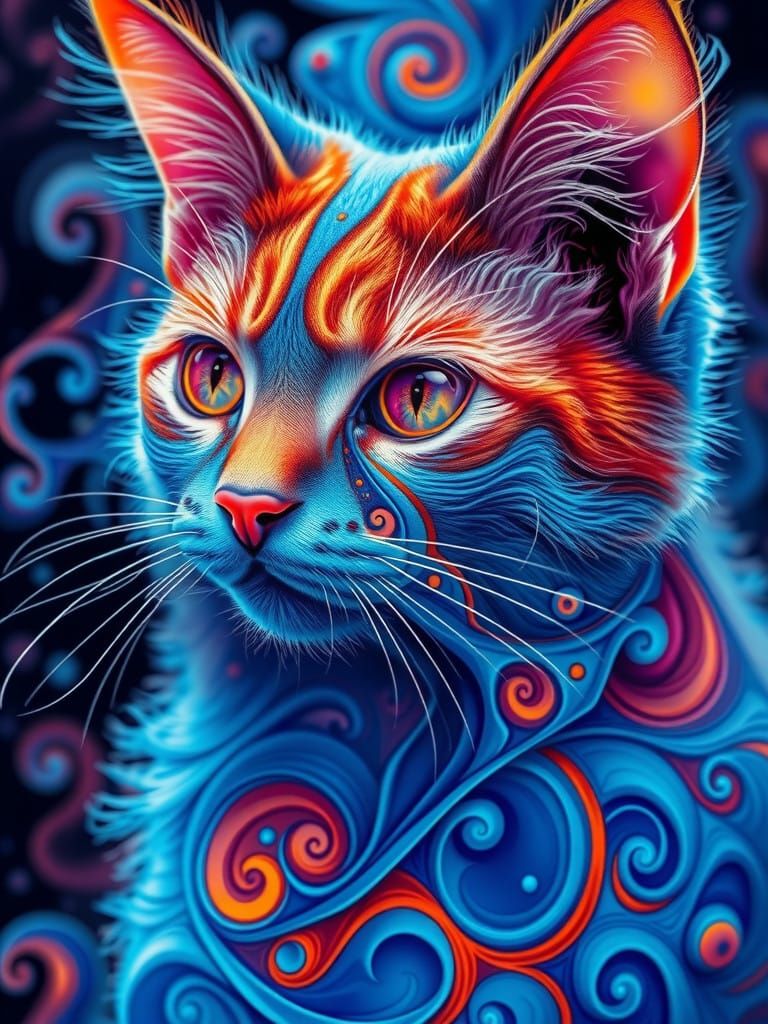 Cattus Fractalis III - Electric Blue Cat in Swirling Fractal...