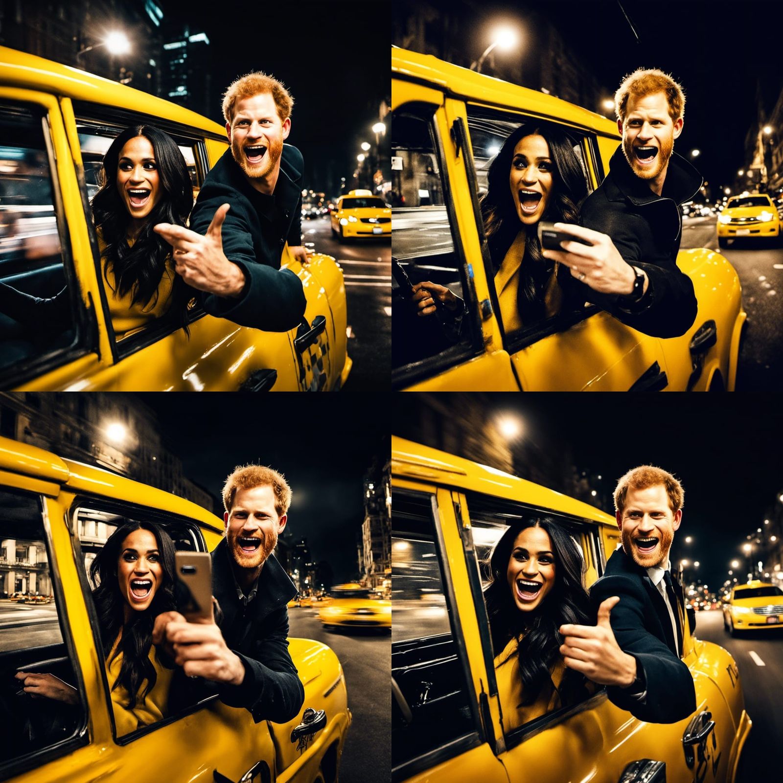 Meghan Markle and prince harry screaming, scared, in a yellow cab ...