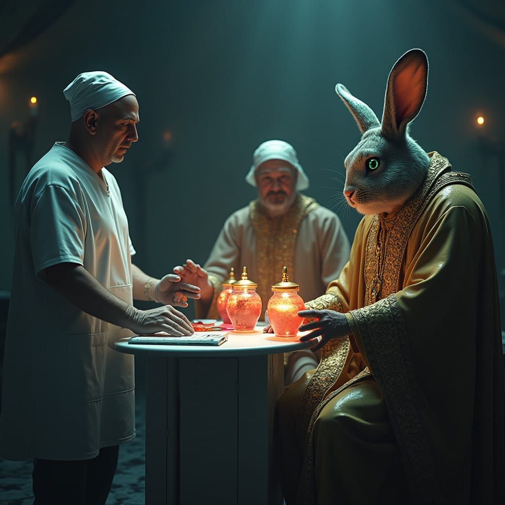 Mystical Hospital Ward Scene with Human-Sized Rabb... - AI Art