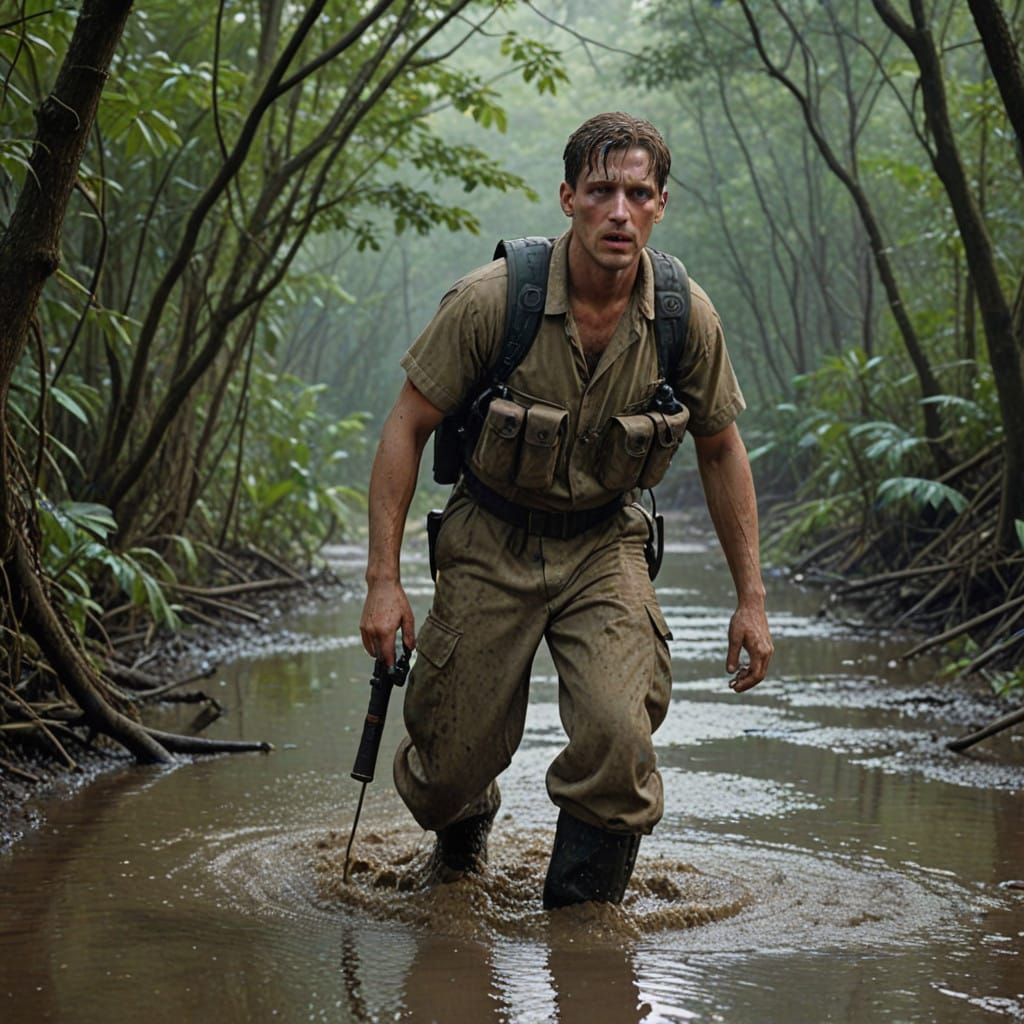 Desperate Soldier Trapped in Golden Quicksand - AI Art