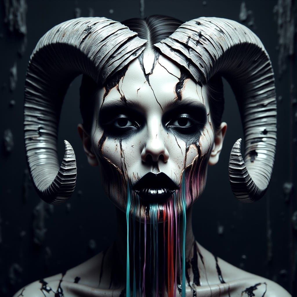 a female face upturned, gleaming silver metal twisted ram horns, black ...