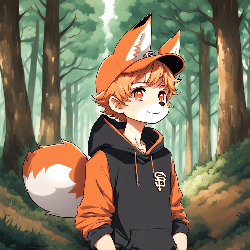 cute fox boy wearing san francisco giants sweatshirt in forest - AI ...
