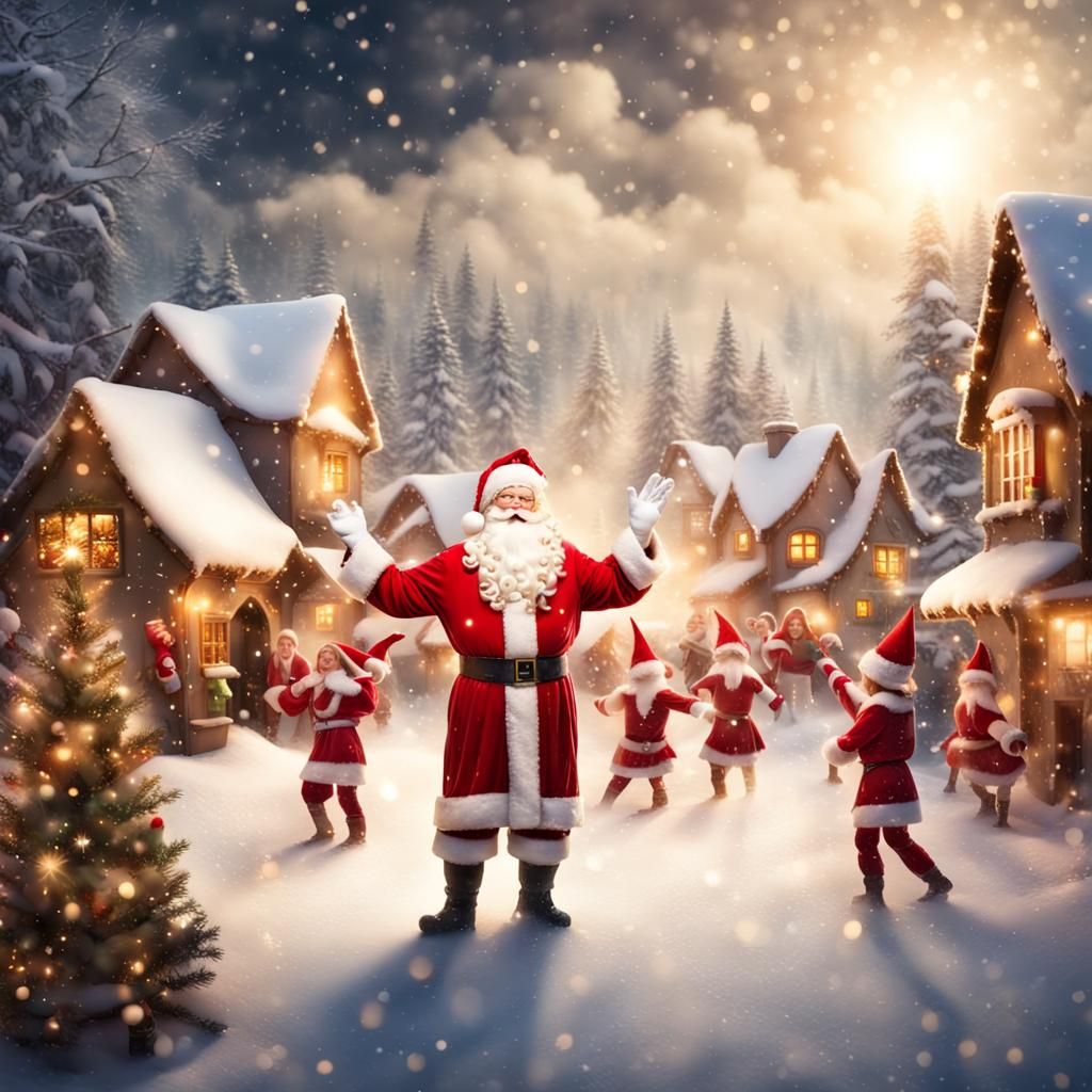 Santa in a Christmas village with elves dancing around and snow falling ...
