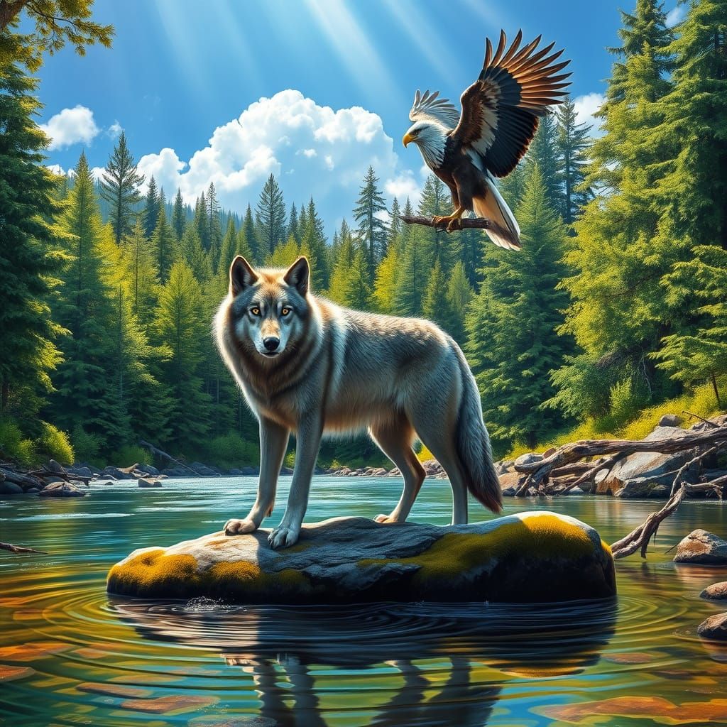 A breathtaking and vibrant illustration of a majestic Timber Wolf ...