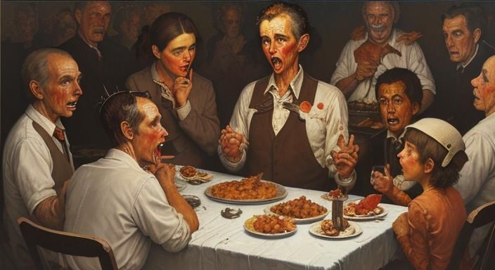 "Burnt human sacrifice and cannibalism on Thanksgiving day" Norman Rockwell style - AI Generated ...