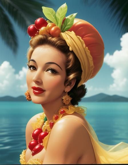 Carmen Miranda with her fruit turban on a Island Oasis. Chica chica ...