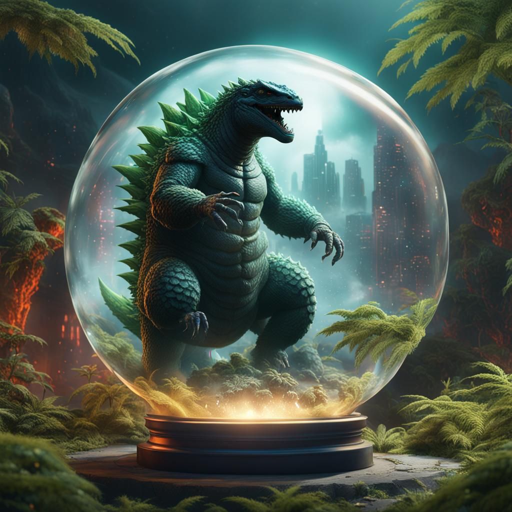crystal ball with a godzilla weed cing cong in a citv traing to go aut ...