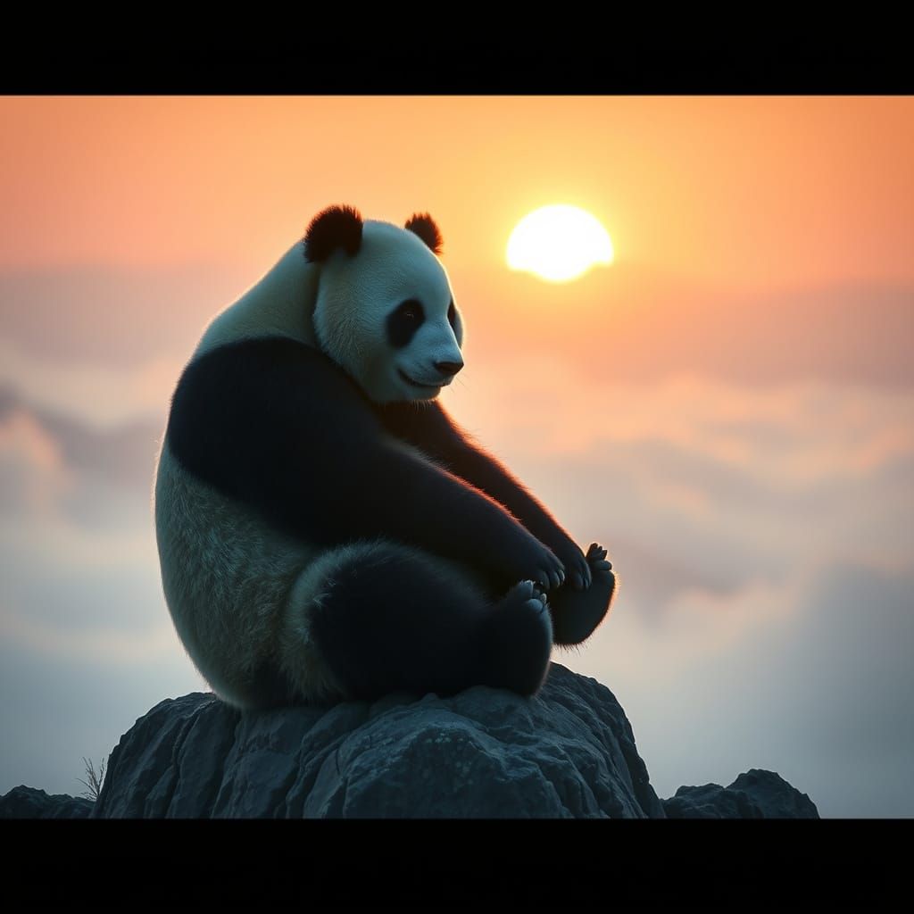 a panda meditating on a mountain - Panda in Serene Mountain ...