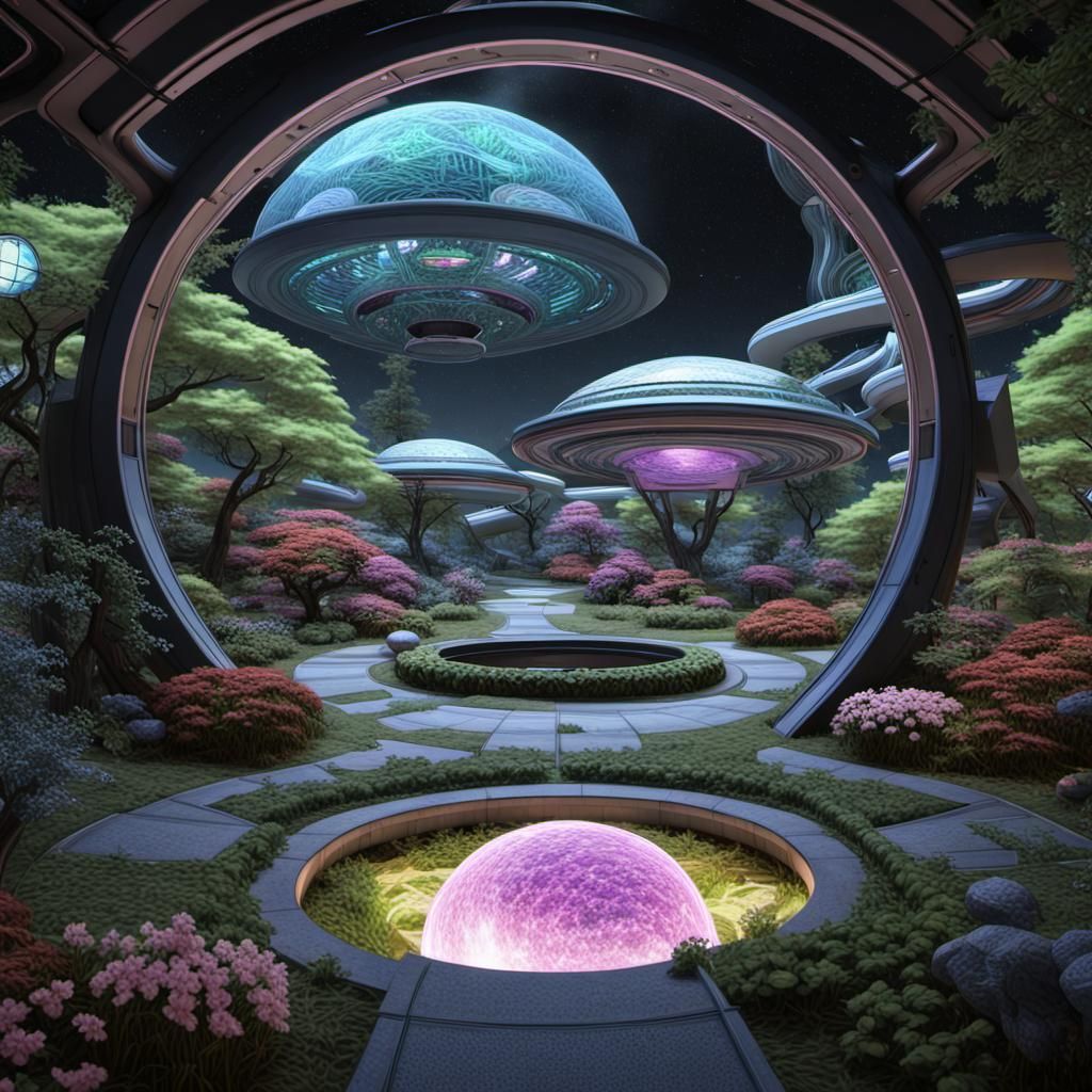 Alien French-Japanese garden inside toroidal space colony, "Stanford ...