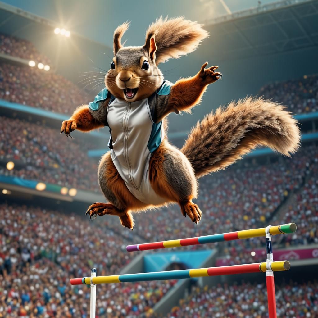 anthropomorphic squirrel doing a high jump at the Olympic games - digital painting ...