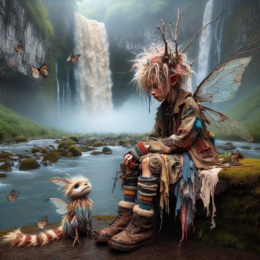 A whimsical and enchanting fantasy scene featuring a young fairy child with delicate translucent ...