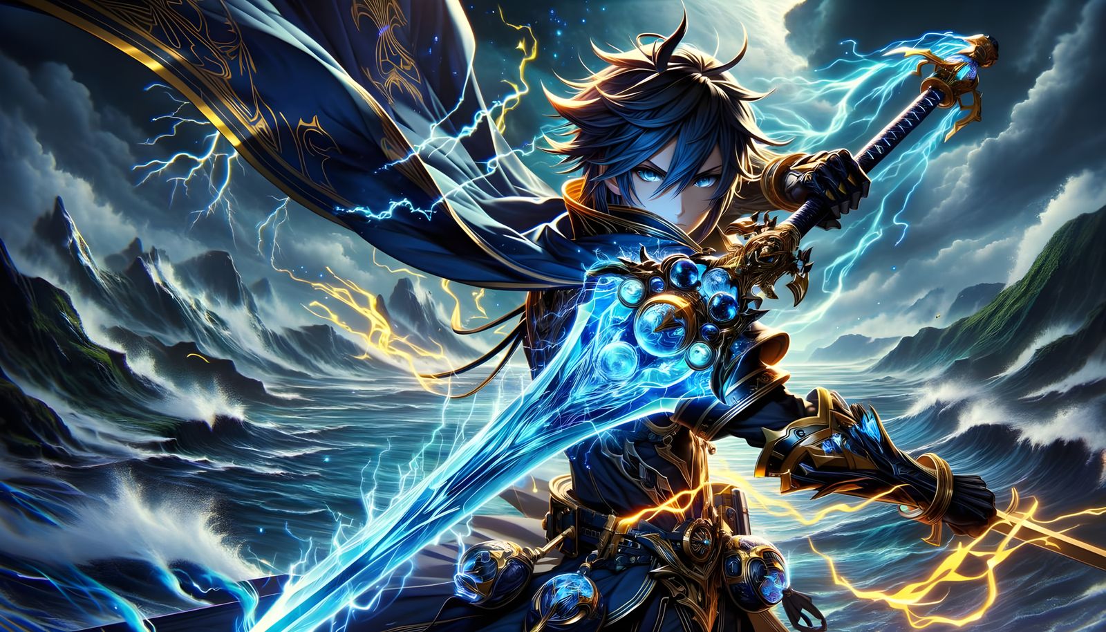 epic warrior in dynamic battle stance. The warrior has a powerful sword.