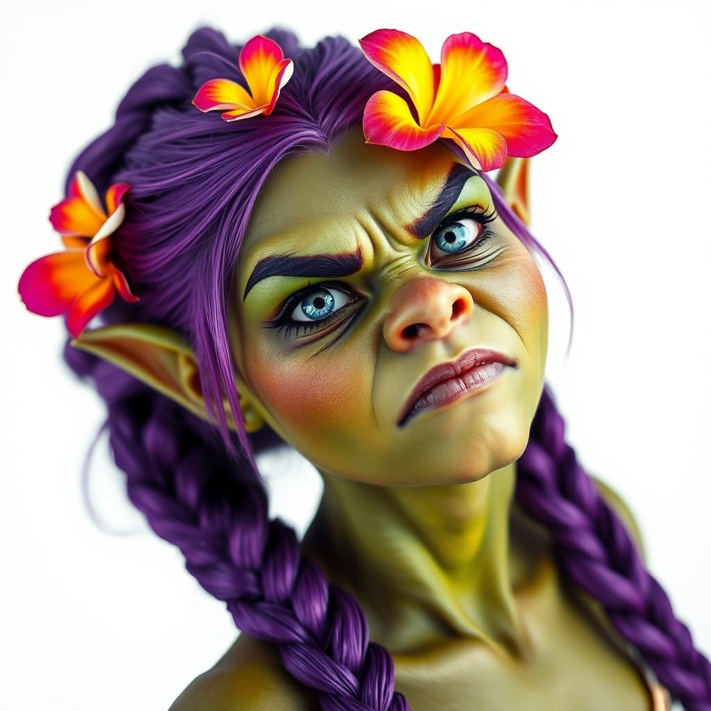 Ethereal Orc Goddess in Purple Braids and Flowers - AI Art