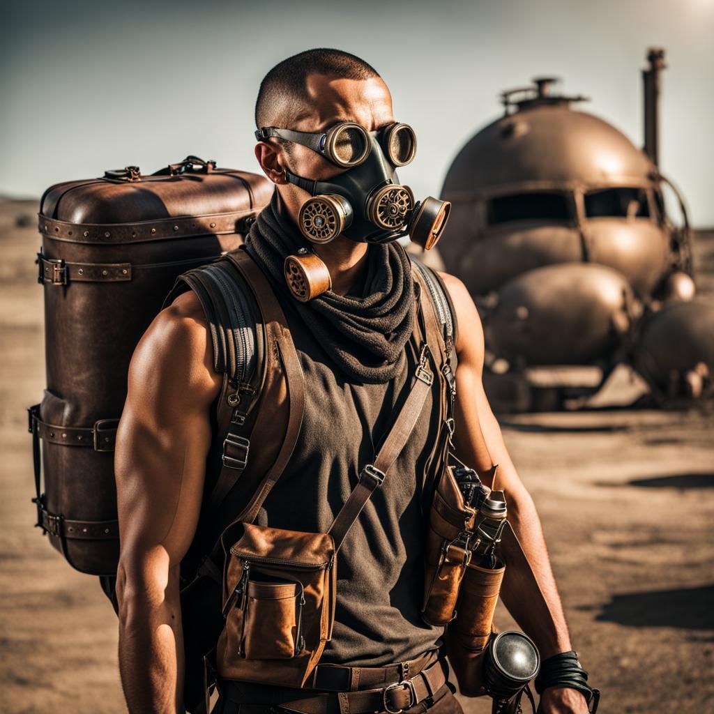 Post Apocalyptic man with a buzz cut and tan skin, he is a steampunk ...