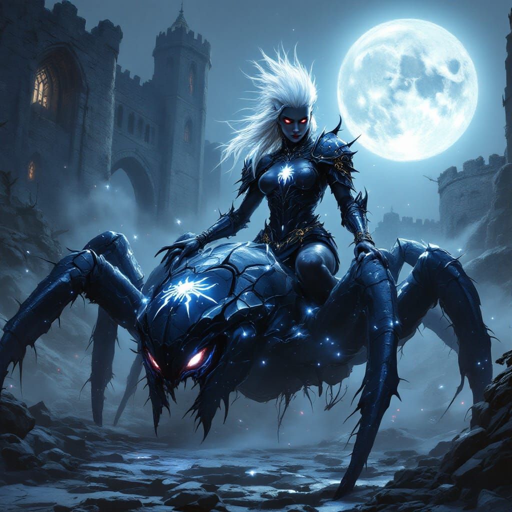 Spider Rider - Dark Fantasy Elf Rider on a Giant Spider in a...