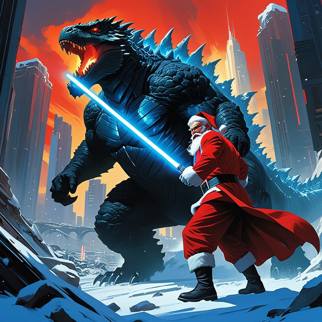 Santa Claus Battles Godzilla with Light Saber in F... - AI Art
