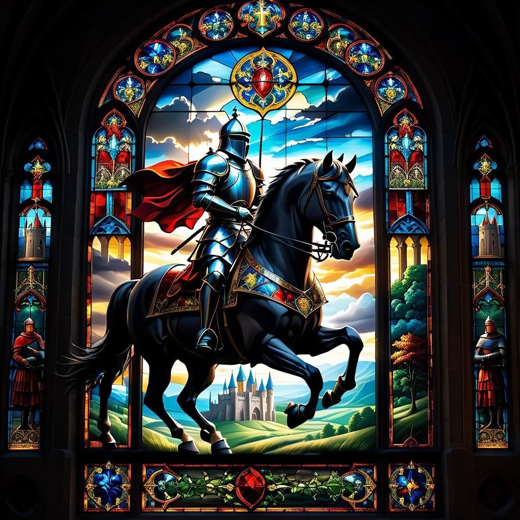 A stunning cinematic photo of a stained glass window depicting a ...