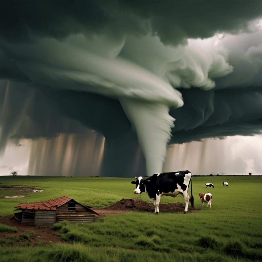 A cow in a tornado. A twister tornado rips apart a farming community. A twister is seen with its ...