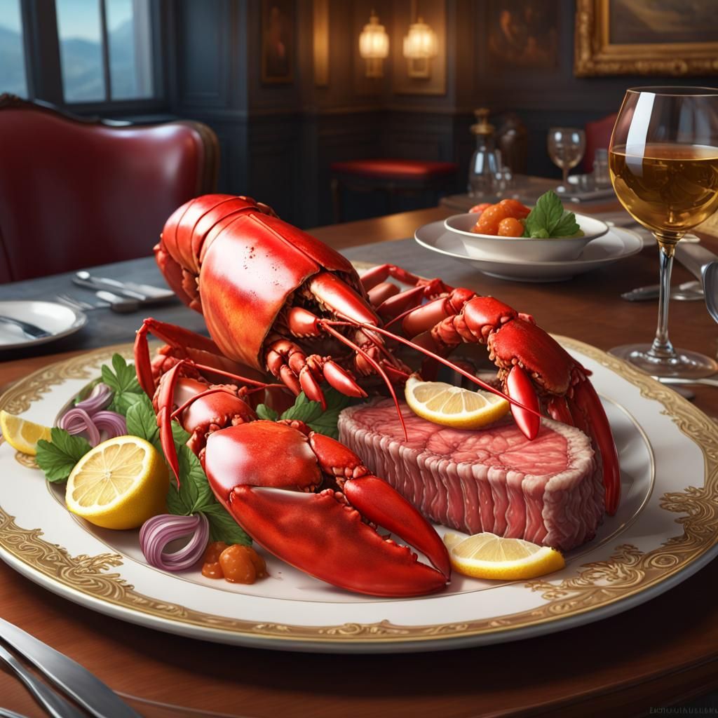 gourmet lobster and steak dinner on a fancy plater, lemon garnish, head ...