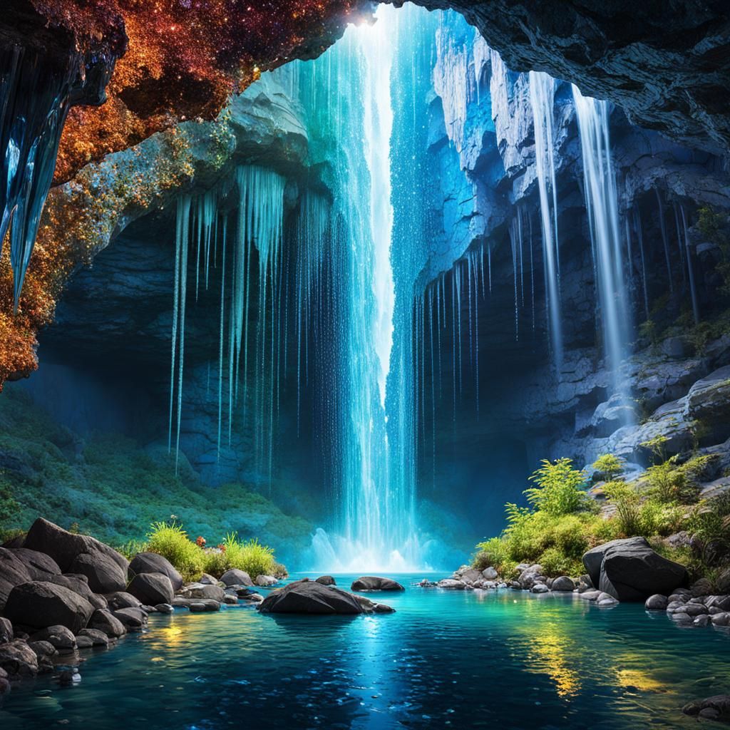 Hidden cave behind a waterfall with millions of beautiful sparkling ...