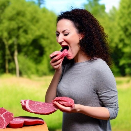 Vegan lady eating raw meat - AI Generated Artwork - NightCafe Creator