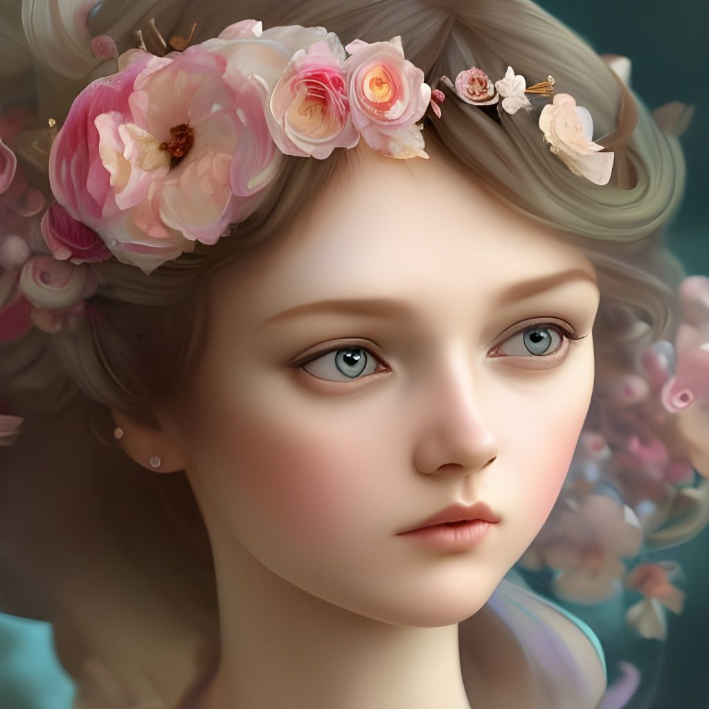 a tiny porcelain doll with very beautiful face, in a rose princess ...