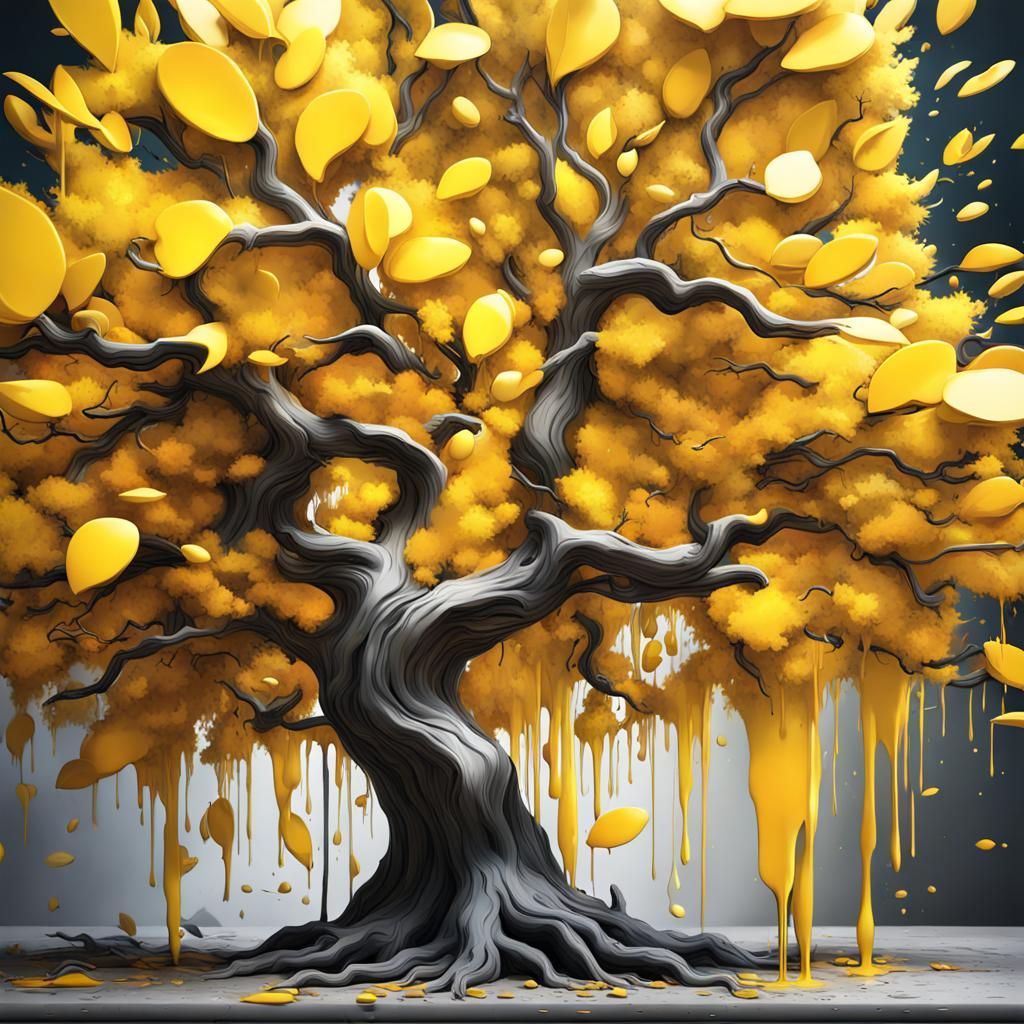 A 3D rendering of a tree with bright yellow leaves and an abstract ...