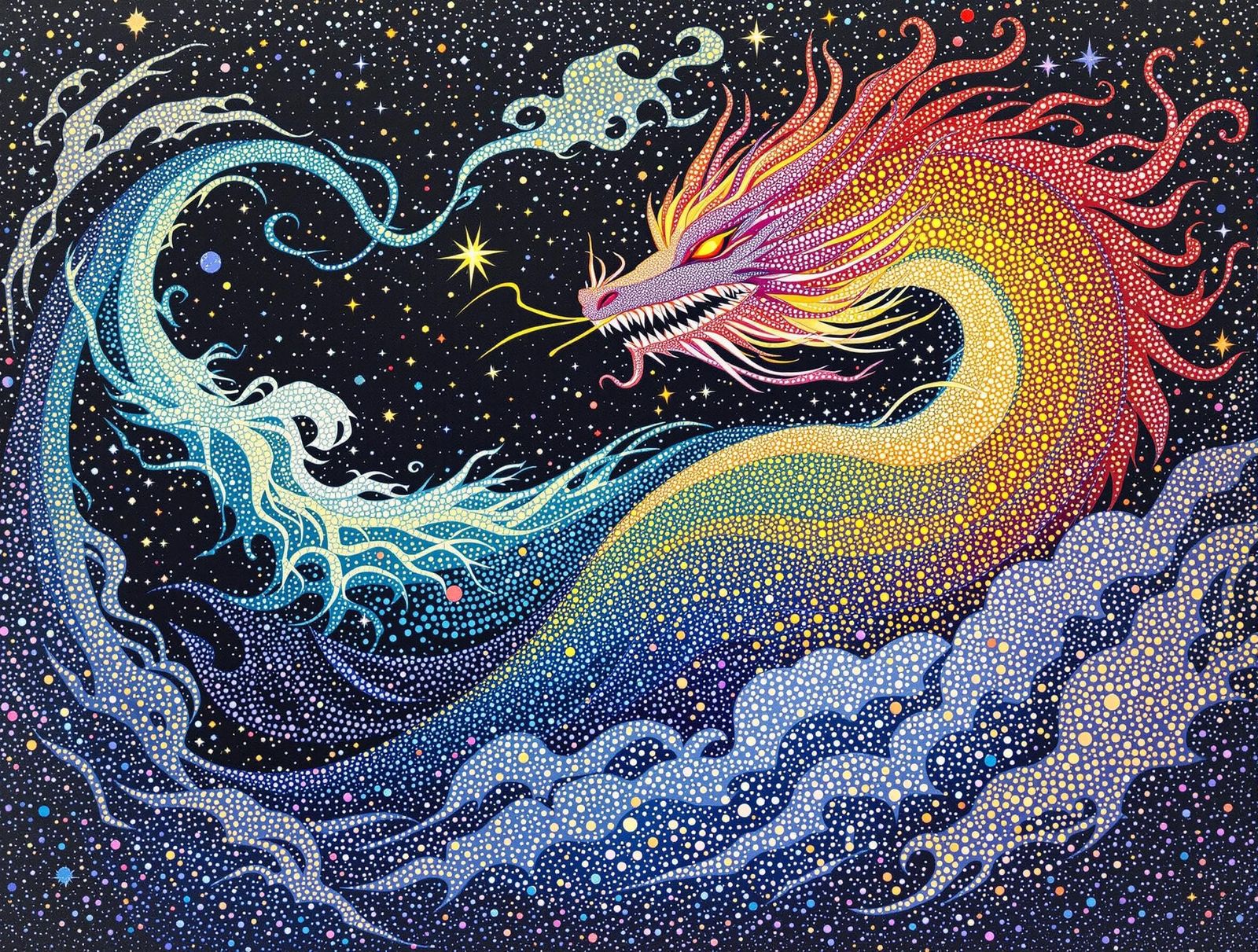 Pointillism painting of an intricate dragon made of intricate little ...
