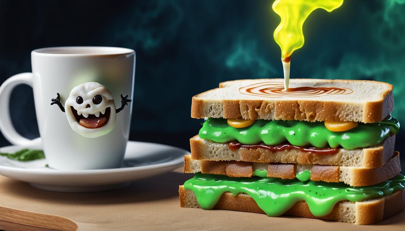 Close-up of ghost monster on a sandwich, next to coffee, digital art ...