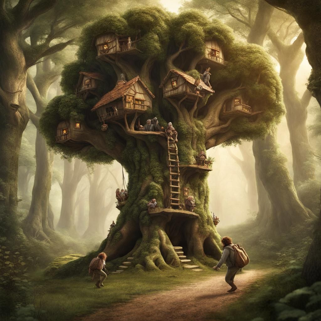 Anthropomorphic Tree carrying 2 hobbits through the forest - AI ...