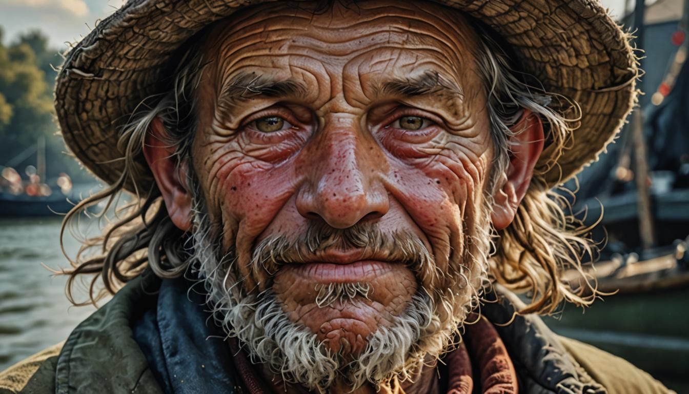 A facial close-up portrait of a seasoned fisherman, rendered in ultra ...