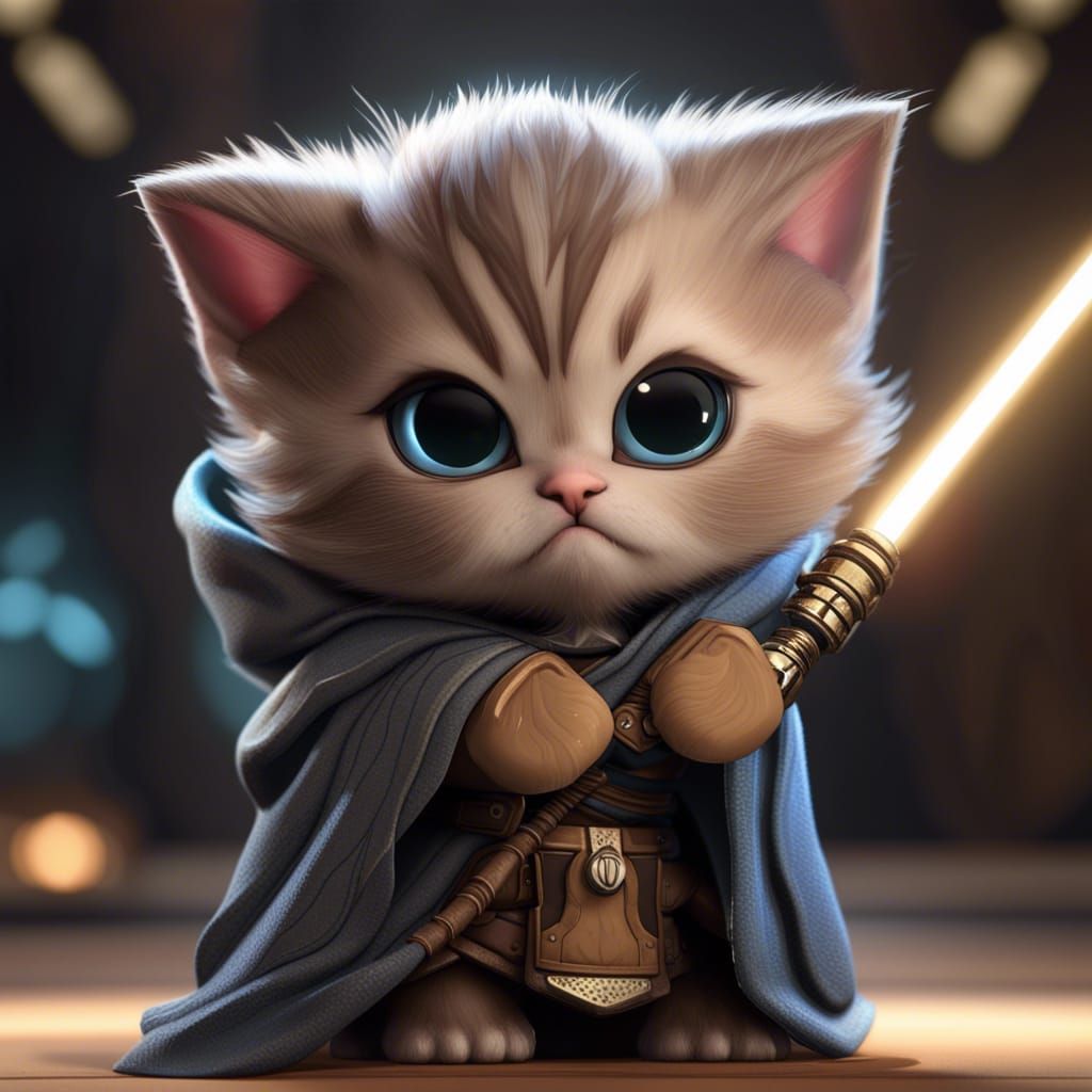 An adorable chibi kitten as a jedi knight wearing robes, - AI Generated Artwork - NightCafe Creator