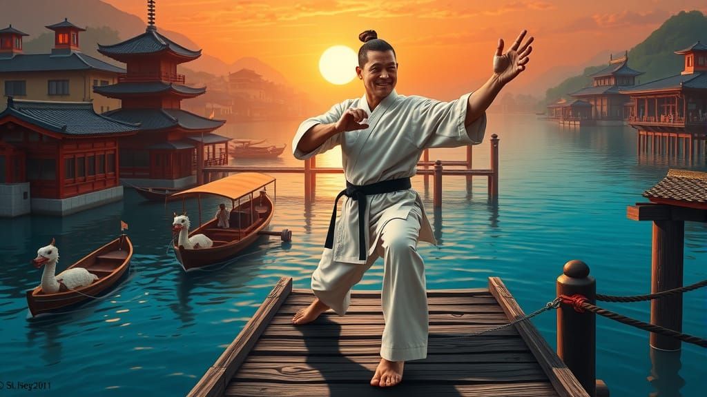 Atmospheric portrait of an Asien master of Karate exercising On an old ...