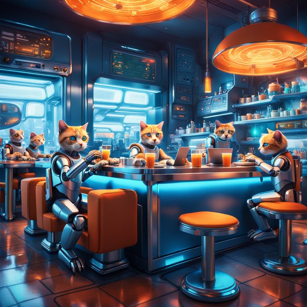 Robot Cats Run Futuristic Café in Vibrant Blues an... - AI Art