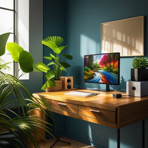 A computer on a desk, near a houseplant ; triadic colors ; sun and ...