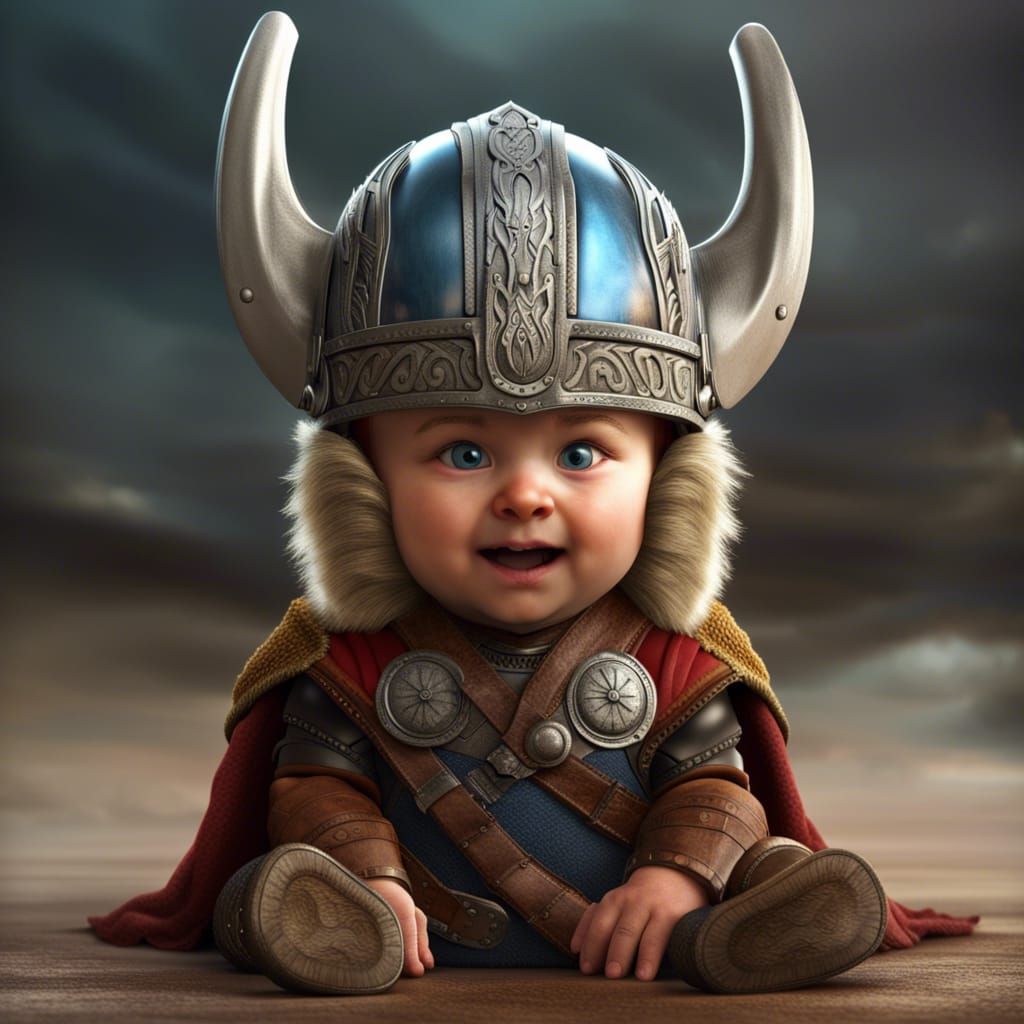 Baby Thor, with traditional Viking helmet, Mjölnir, highly detailed ...