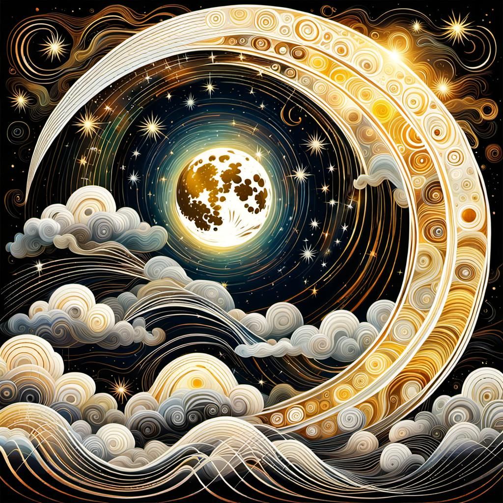 an ancient painting of the moon as symbolized by golden rays and clouds ...