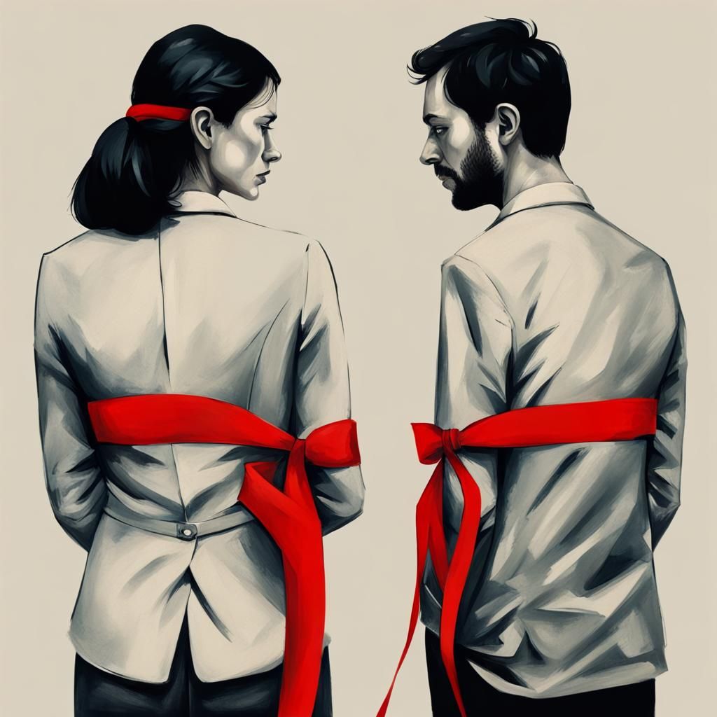 Two people standing back to back, tied together with a red ribbon - AI ...