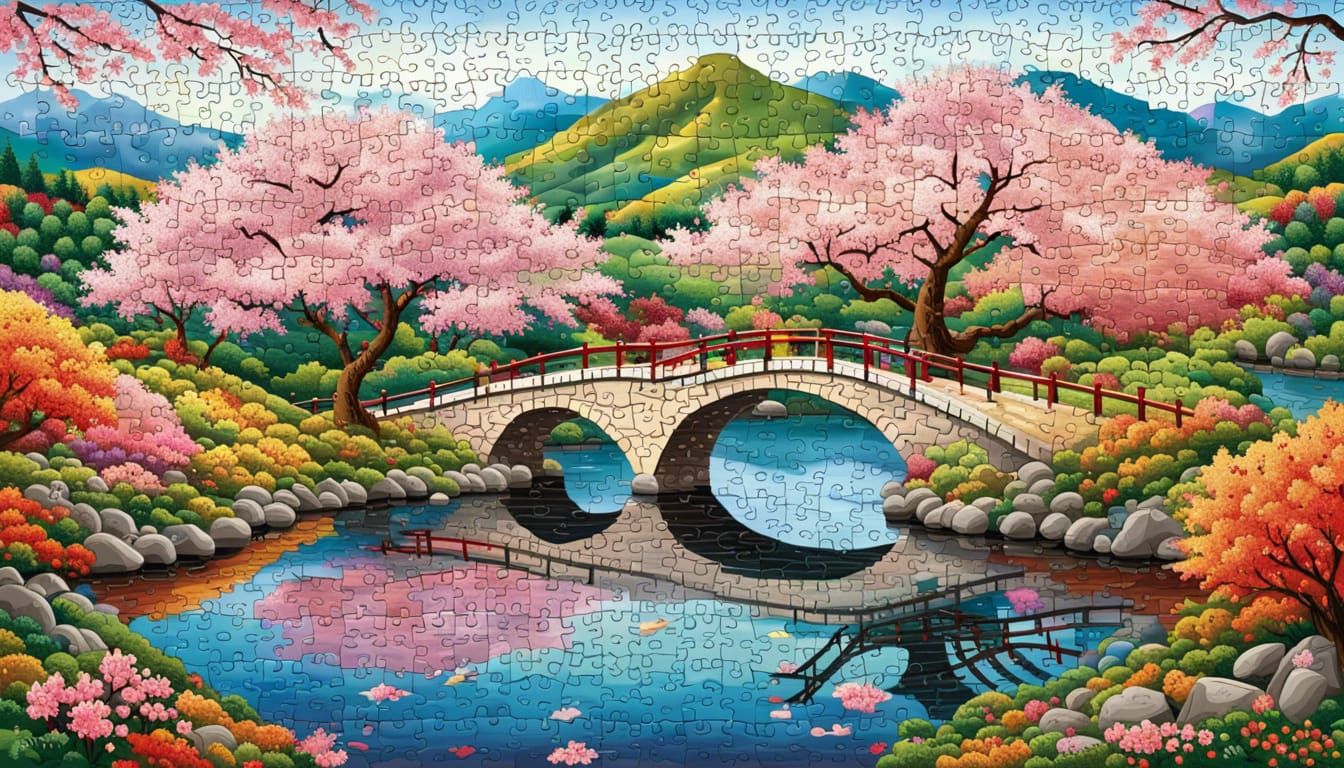 Springtime Serenity: Lake Under Bridge in Japanese Countryside - AI ...