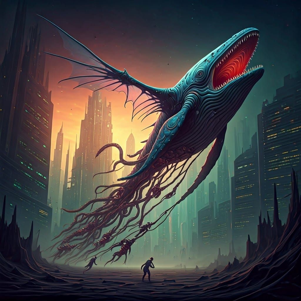 Fantasy Dark Magic spave whale with wings tenticals as a tail dragging ...