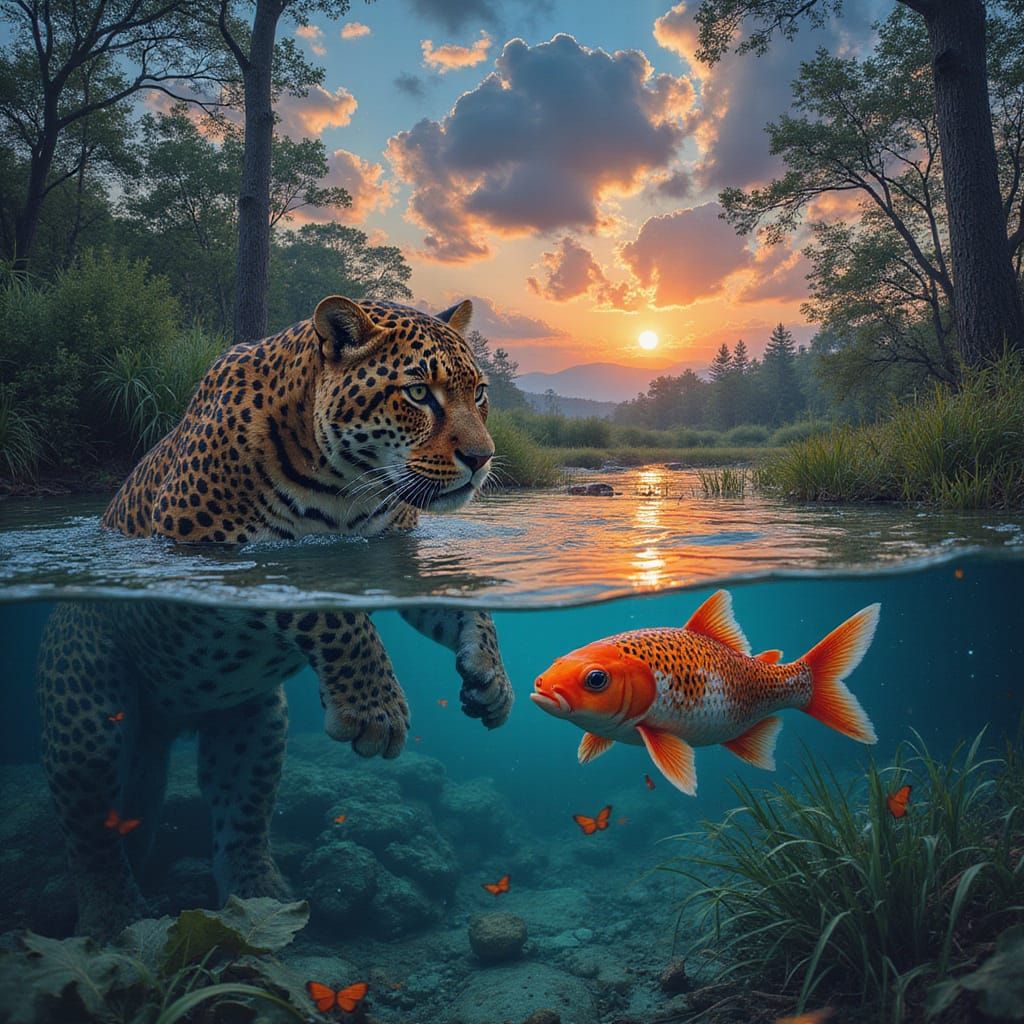 leopard catching a huge koi fish. - Leopard Catches Koi Fis...