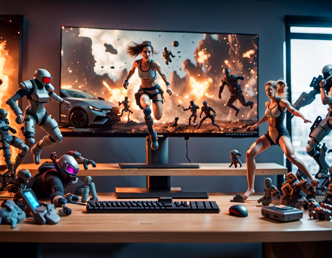 Ultra 3D of woman in front of a marvelous Gamer PC with action figures ...