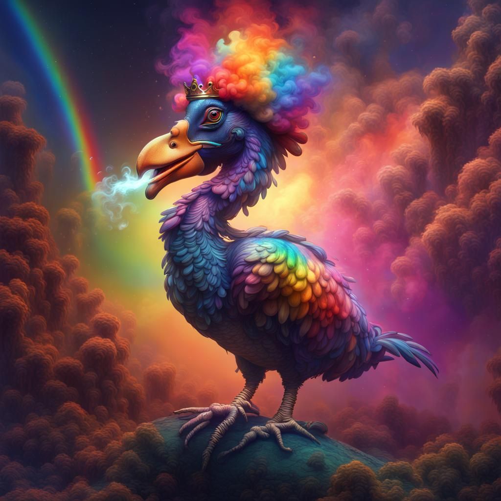 abstract dodo bird smoking, with universe coming out of his crown ...
